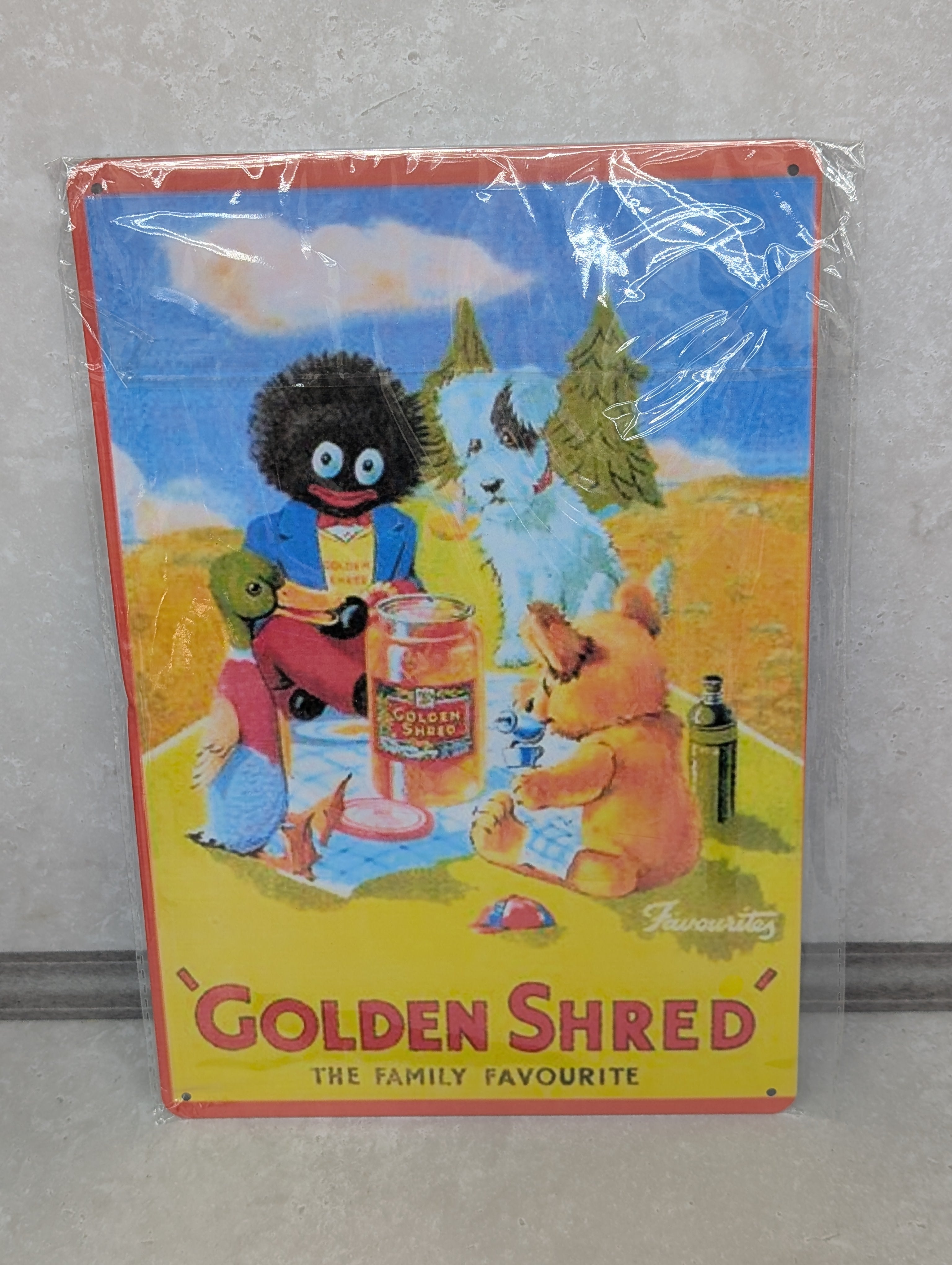 Golden Shred Picnic Scene Tin Sign 300mmx200mm – GollyBadges.com