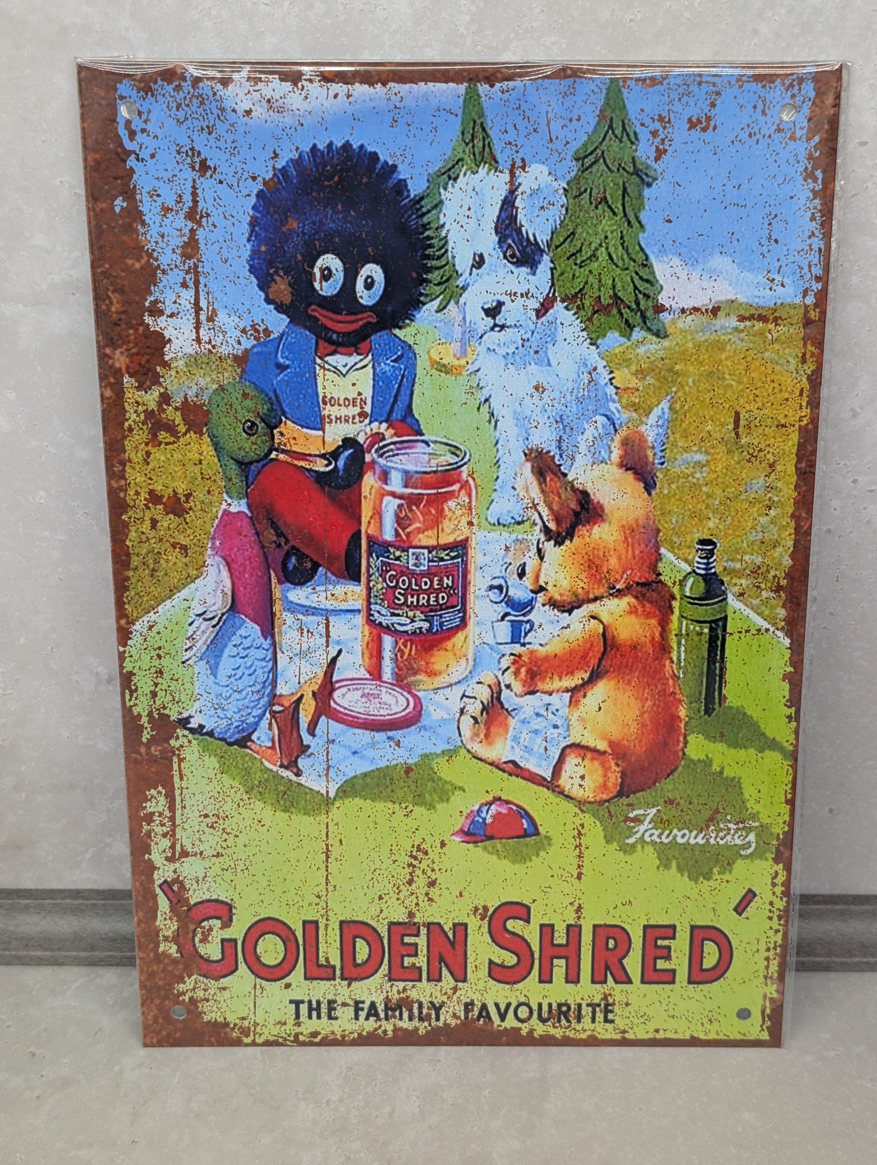 Golden Shred Picnic Scene Tin Sign – GollyBadges.com