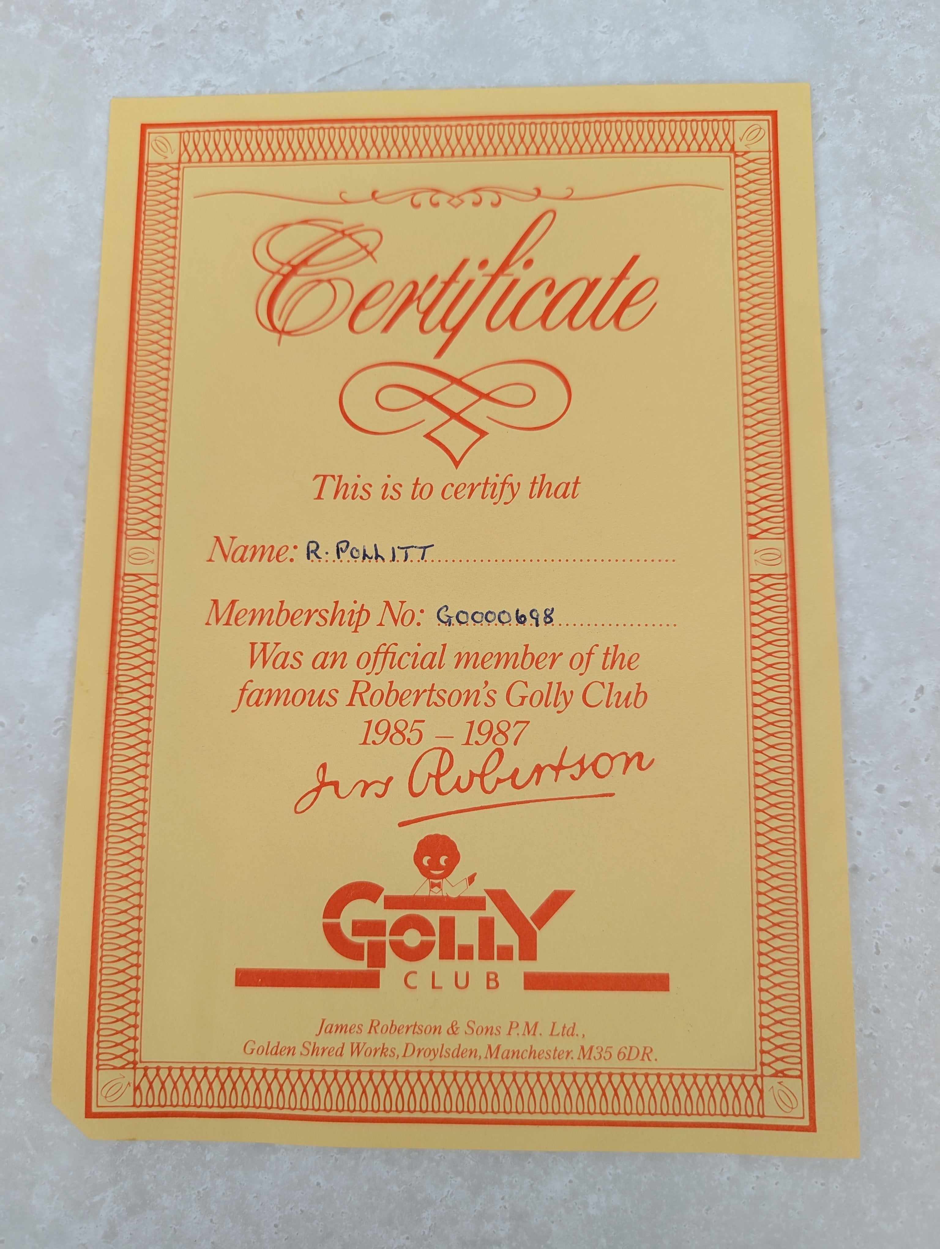 Golly Club Certificate – GollyBadges.com