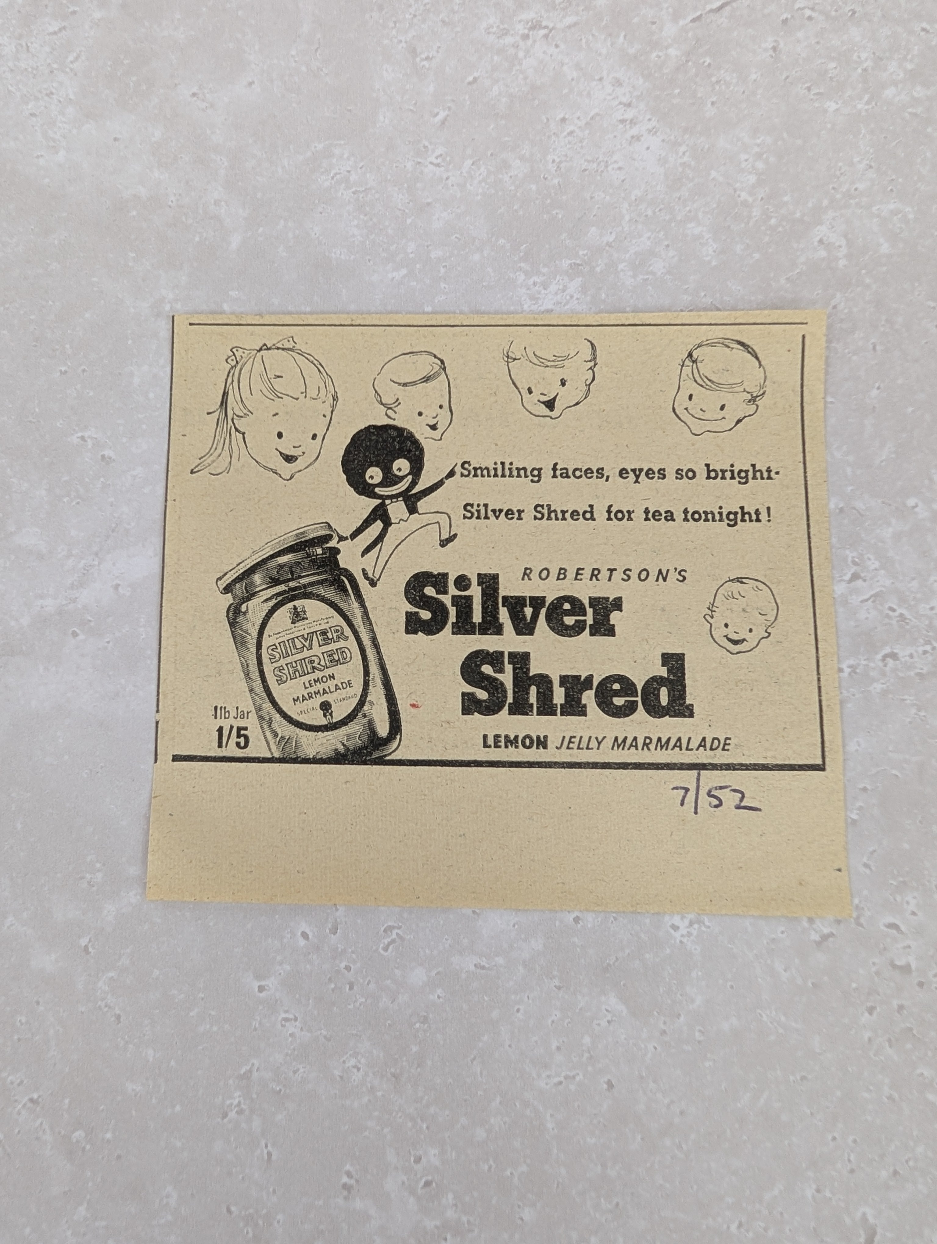 Robertsons B/W Silver Shred Newspaper Advert 1952 – GollyBadges.com