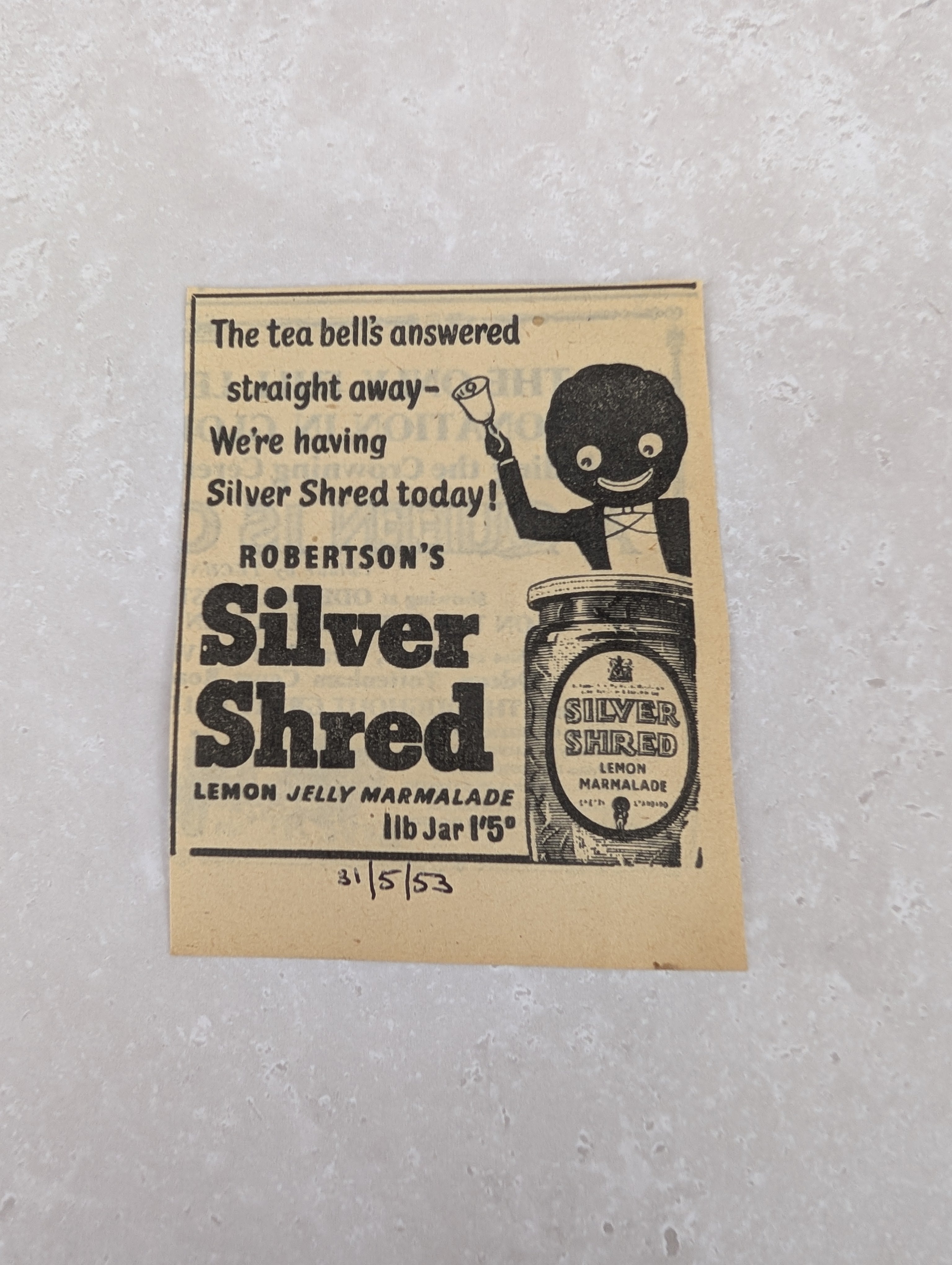 Robertsons B/W Silver Shred Newspaper Advert 1953 – GollyBadges.com