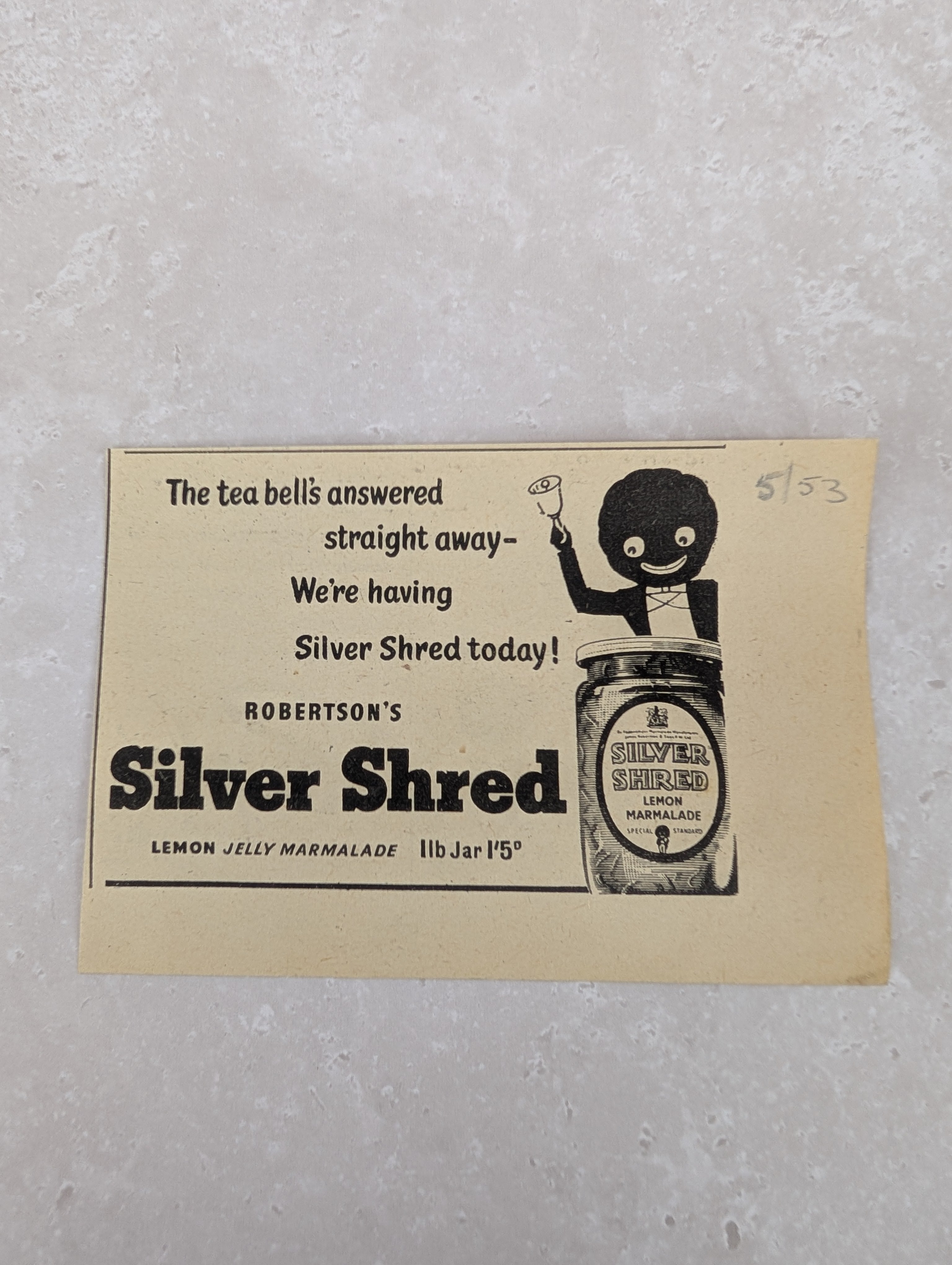 Robertsons B/W Silver Shred Newspaper Advert 1953 – GollyBadges.com