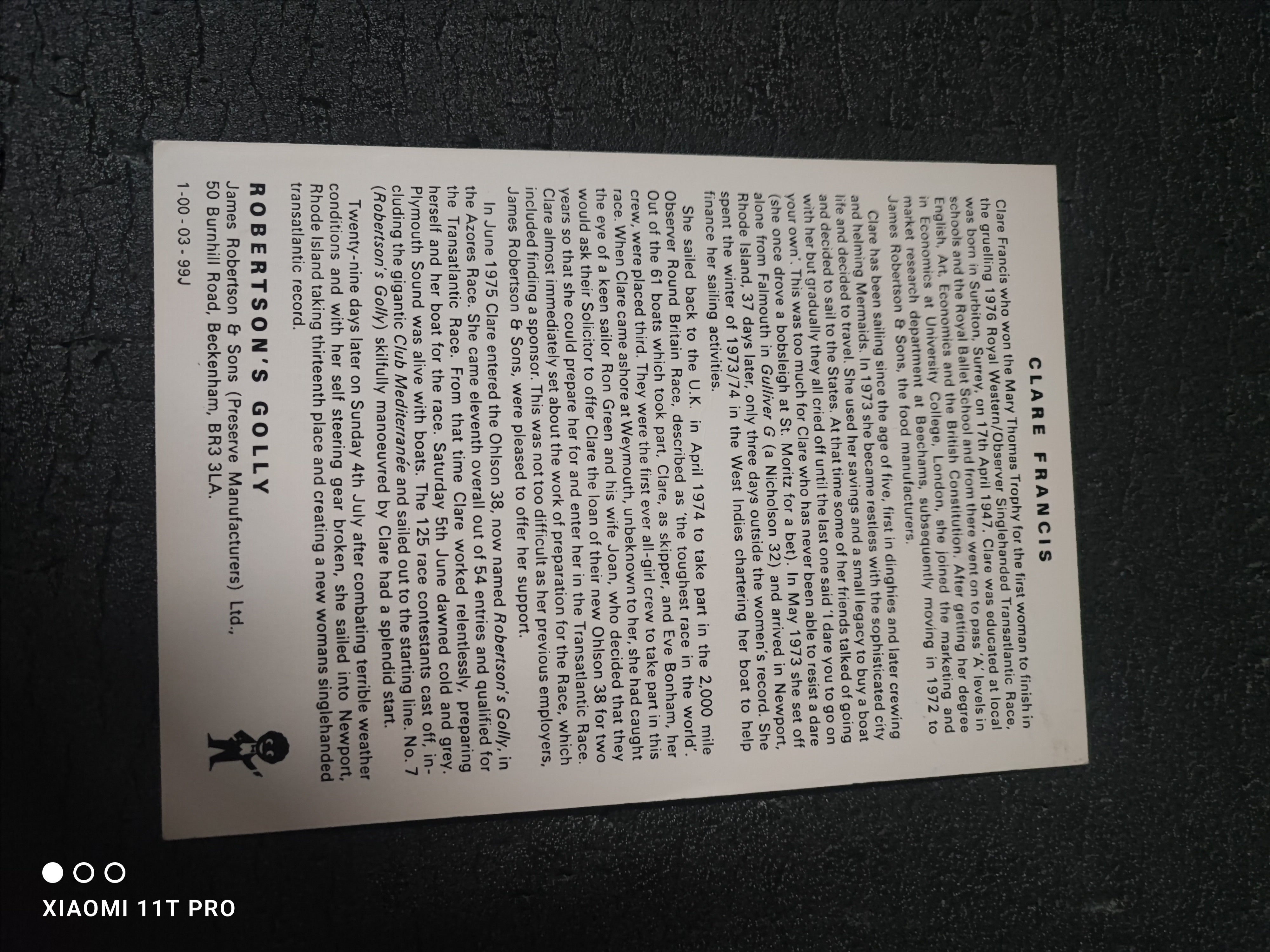 Signed Claire Francis Card – GollyBadges.com